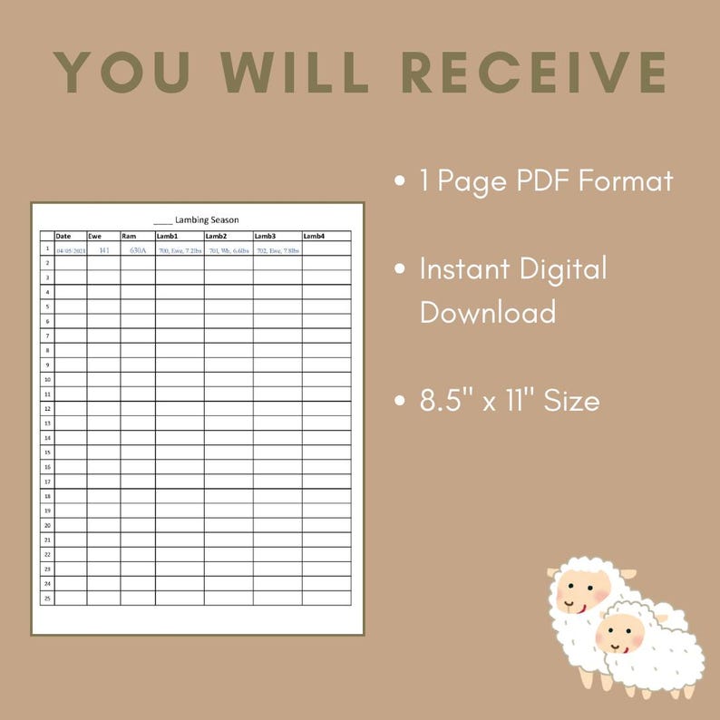 Printable Lambing Record Sheet | Digital Download for Tracking Multiple ...