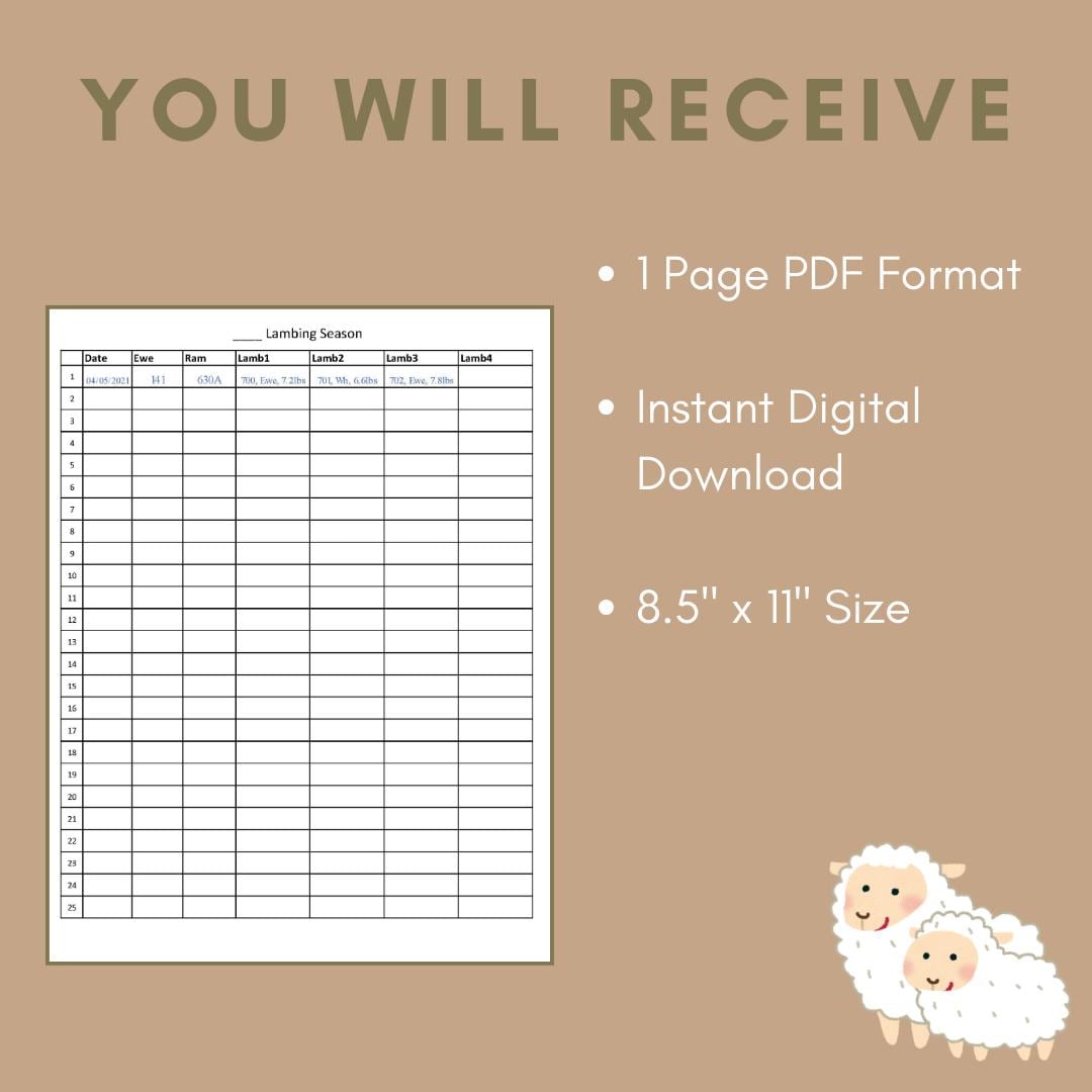 Printable Lambing Record Sheet | Digital Download for Tracking Multiple ...