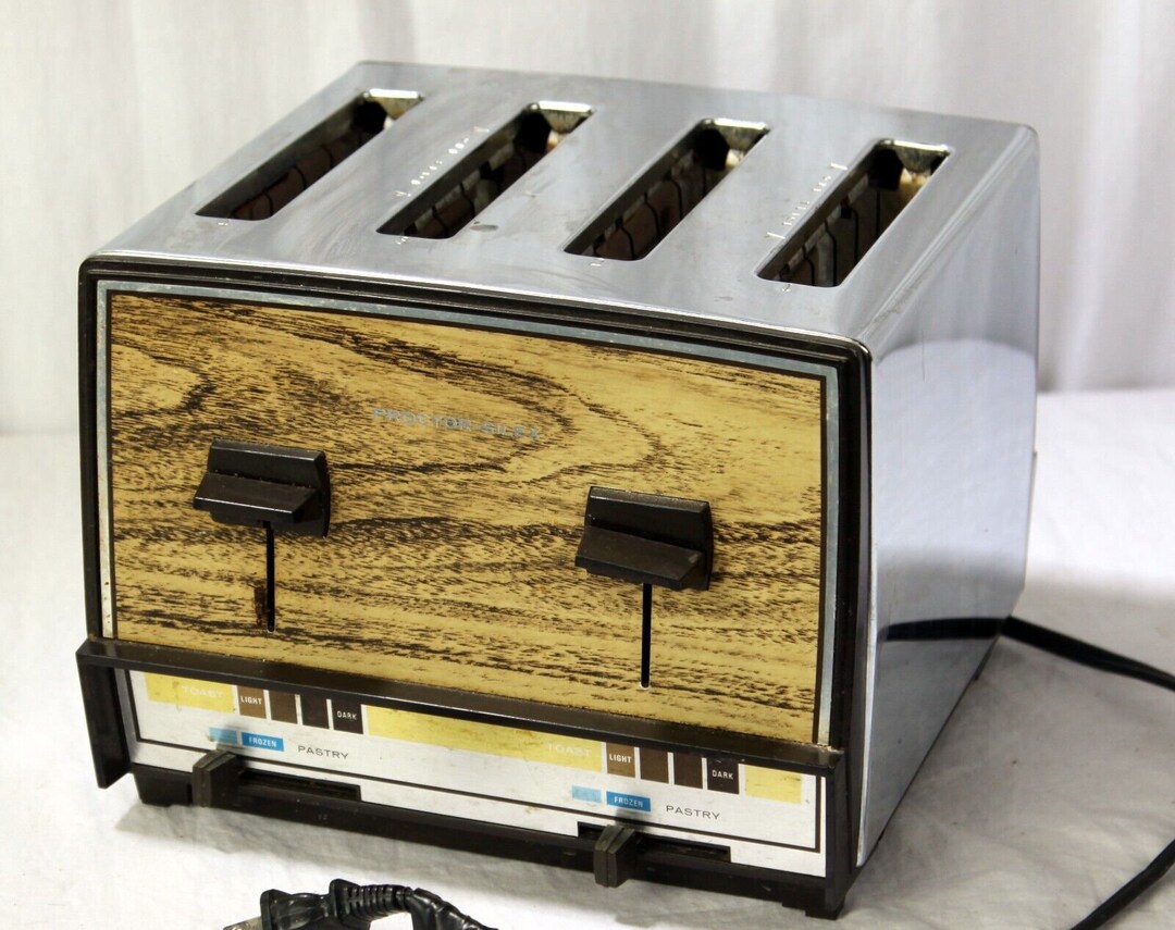 Vintage 4 Slice Toaster Proctor Silex T009N Wood Grain & Chrome. Tested ...