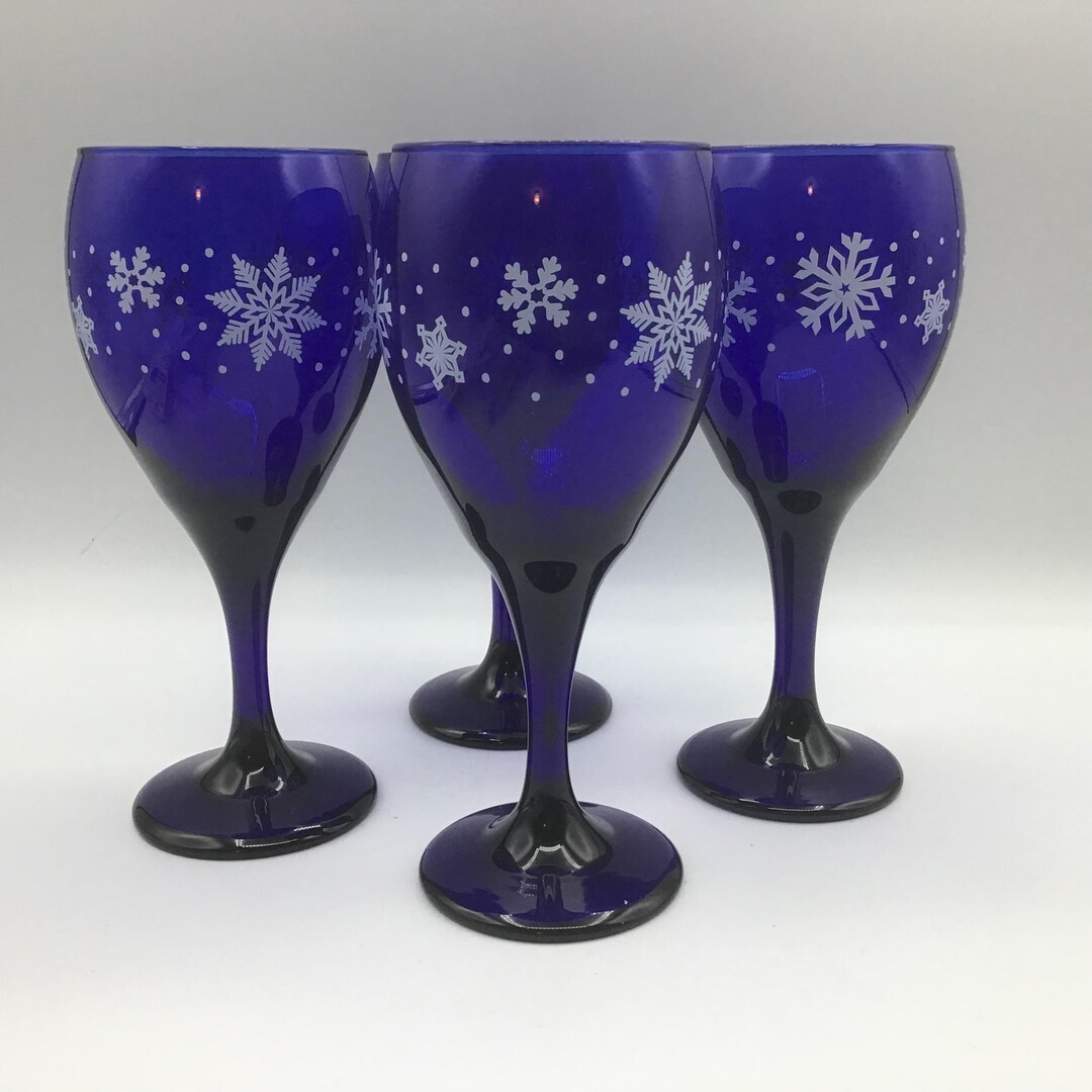 Set of 4 Libbey Cobalt Blue Snowflake Wine Tall Goblets Glasses. 7 3/4 ...