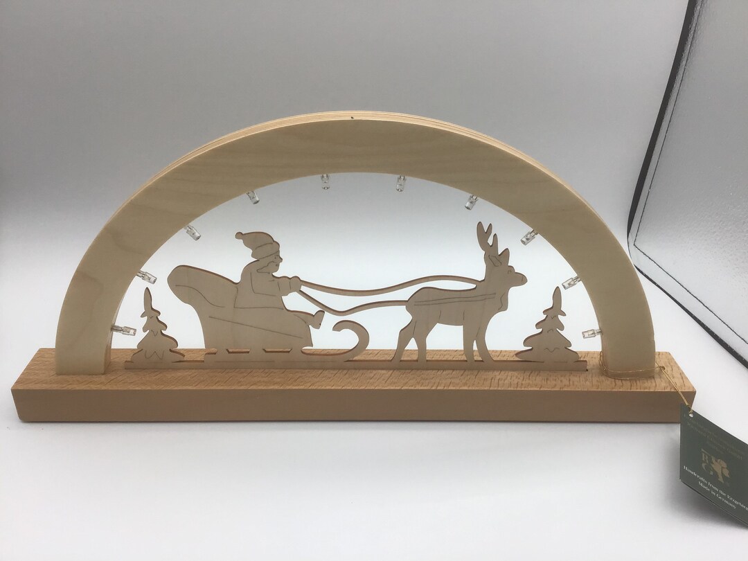 Richard Glasser Xmas Wood Lighted Arch Santa on Sleigh With Reindeer ...