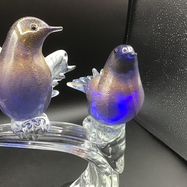 Vintage Murano Glass Birds Blue and Aventurine on Clear Glass Branch ...
