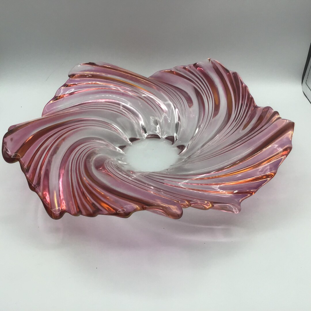 Vintage Mikasa Iridescent Pink Art Glass Centerpiece Bowl Swirl Spiral ...