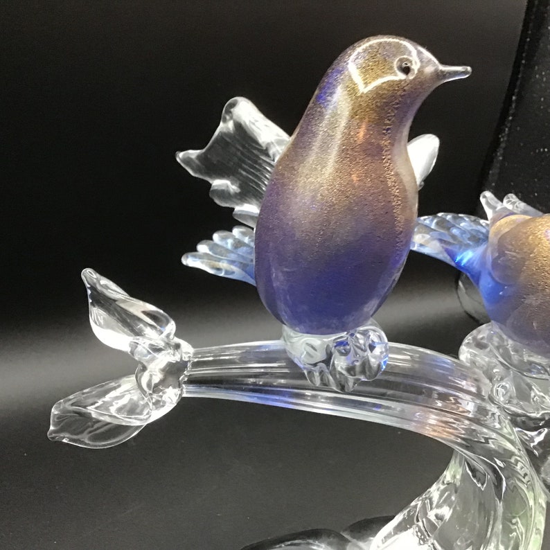 Vintage Murano Glass Birds Blue and Aventurine on Clear Glass Branch ...