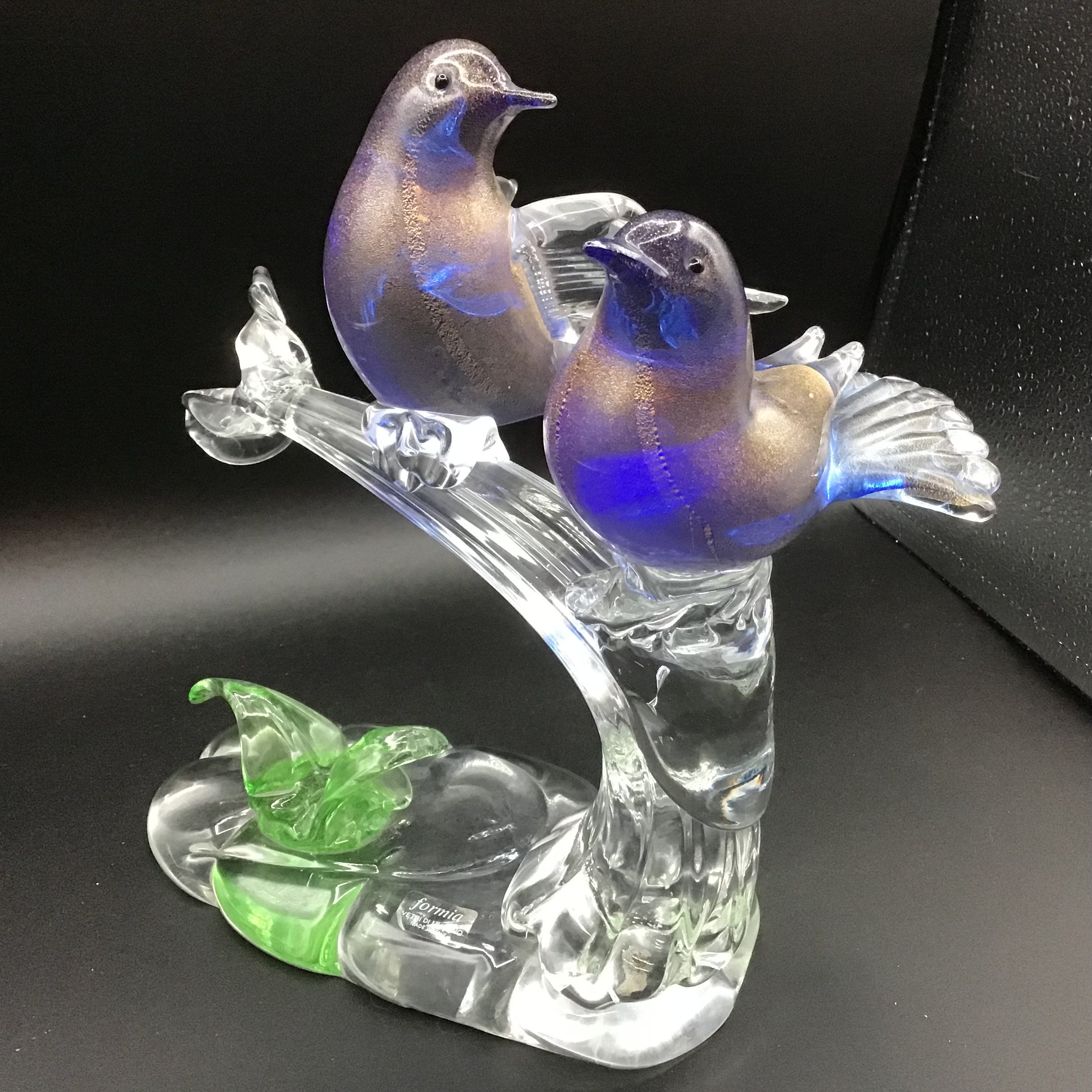 Vintage Murano Glass Birds Blue and Aventurine on Clear Glass Branch ...