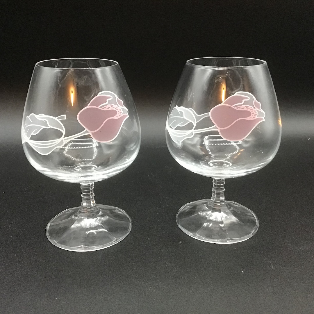 Two Vintage Bohemia Crystal Brandy Snifter Glasses, Pink Tulip Pattern ...