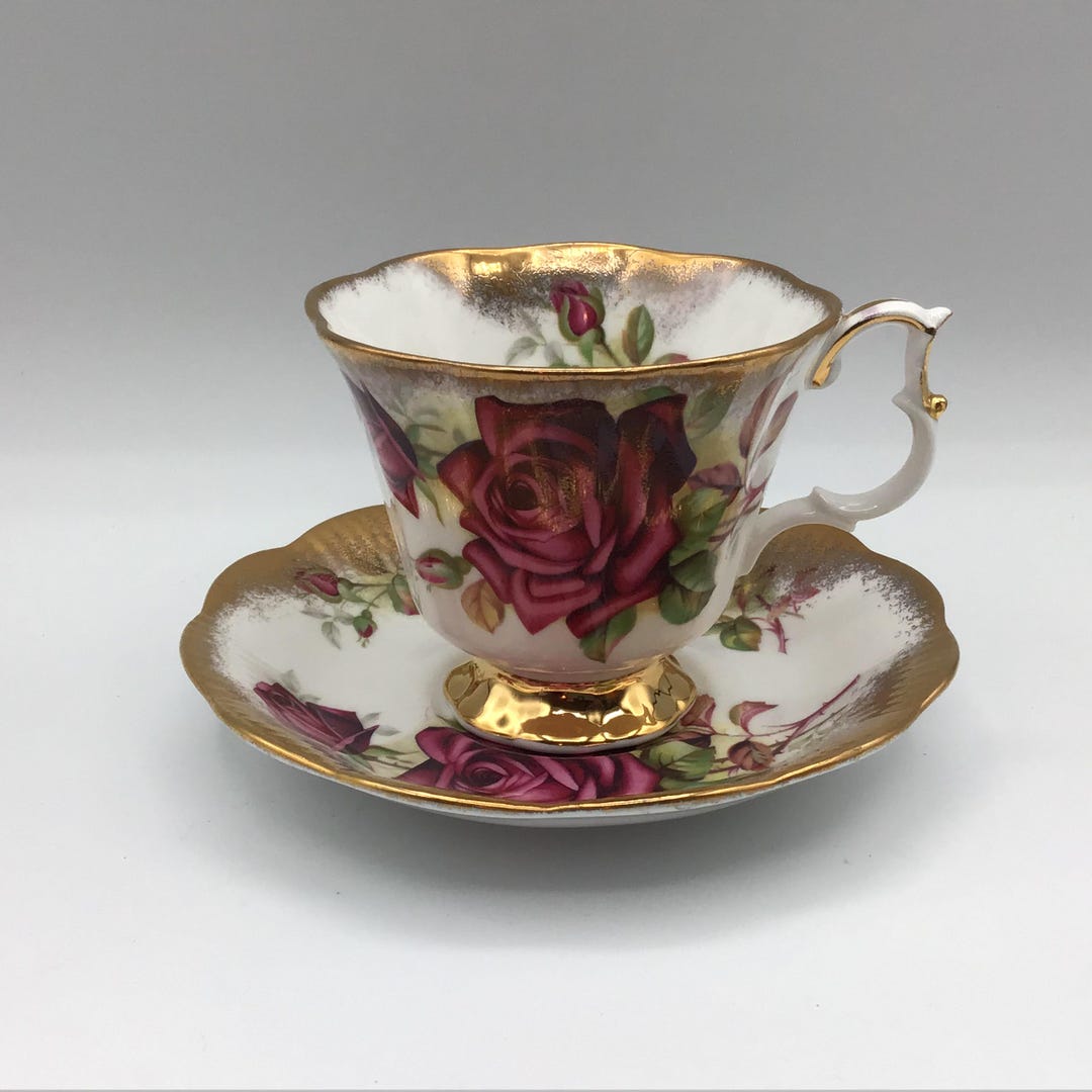Royal Albert Teacup & Saucer Gold Crest Burgundy/red Rose Flower Bone ...