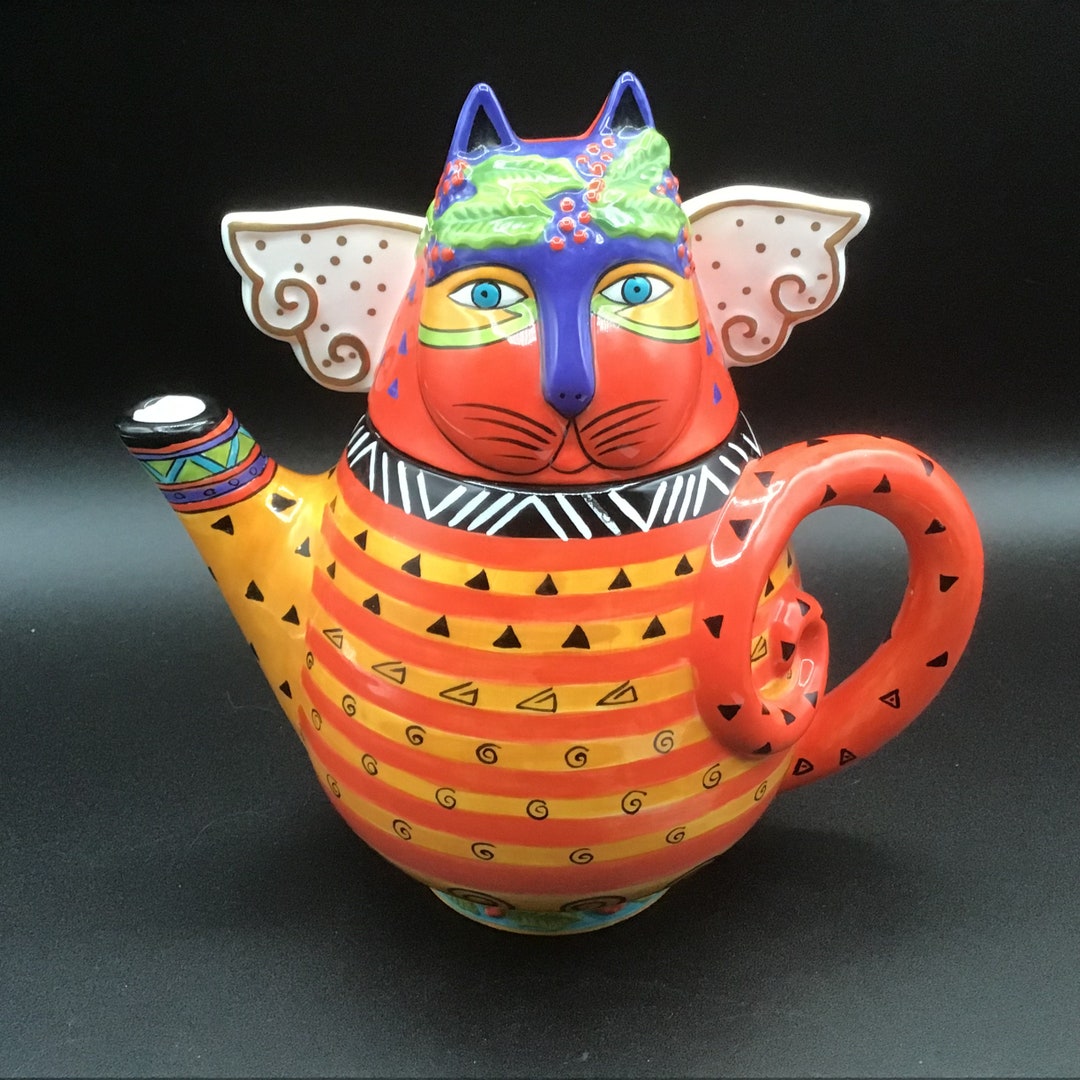 Vintage 90's Laura Burch Cat Angel Tea Pot Christmas Theme Signed-8 ...