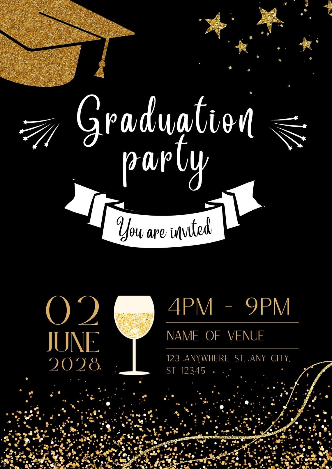 Gold Sparkle Graduation Invitation Card | Glitter Grad Invite Card ...