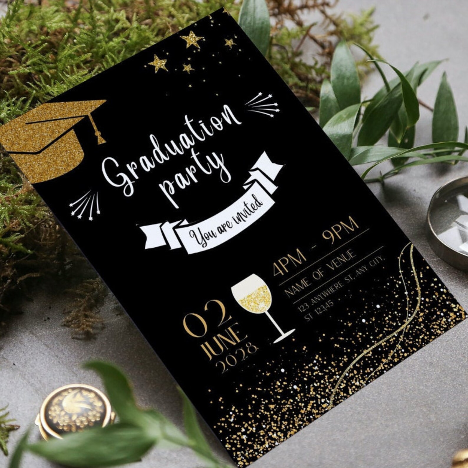 Gold Sparkle Graduation Invitation Card | Glitter Grad Invite Card ...