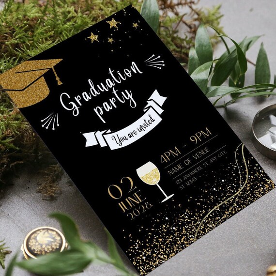 Gold Sparkle Graduation Invitation Card Glitter Grad Invite | Etsy