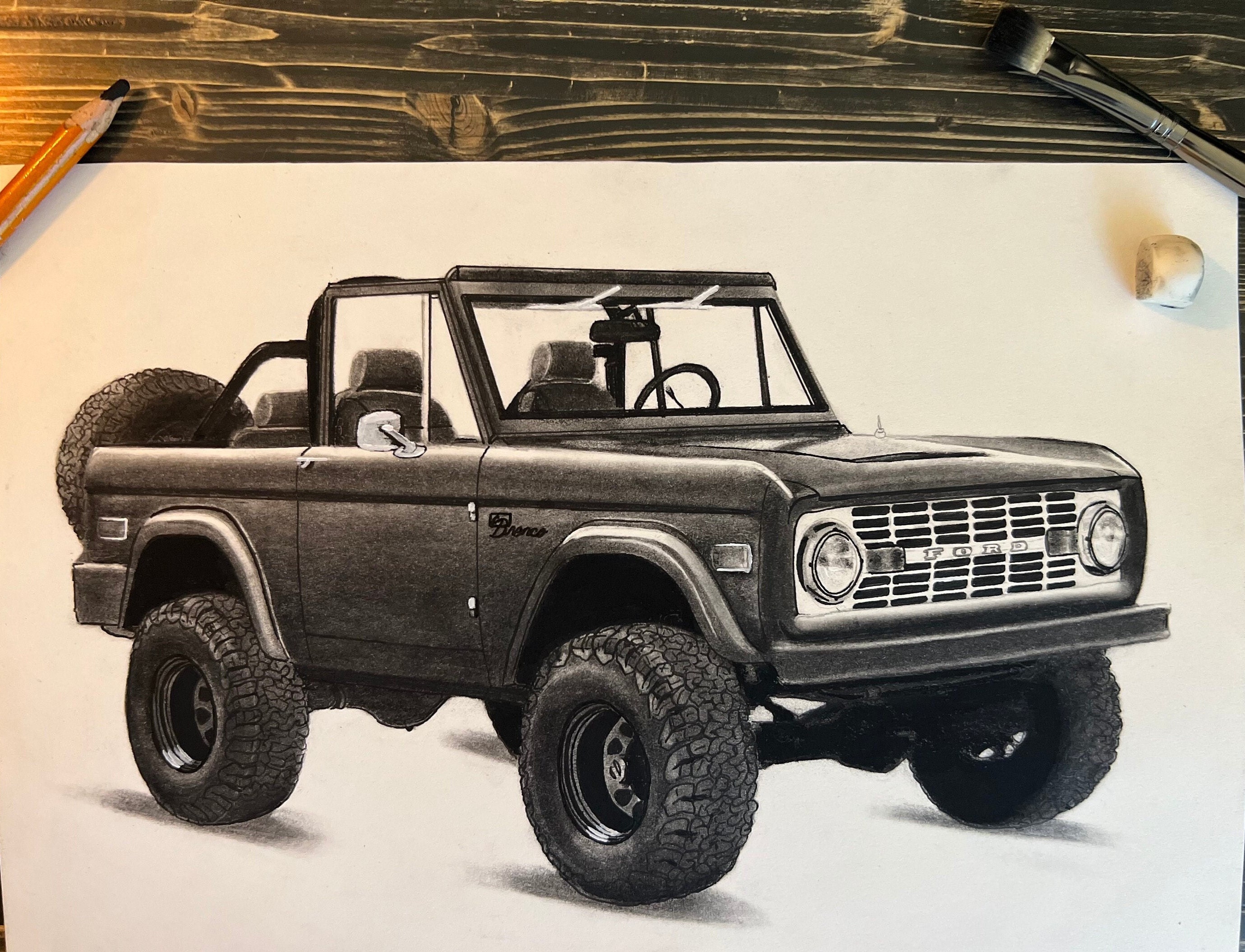Classic Ford Bronco Charcoal Art Print | Hand Drawn by Lance Wilkes ...