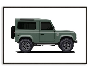 Land Rover Defender Art Print, Classic Car, Vintage Car, Illustration ...