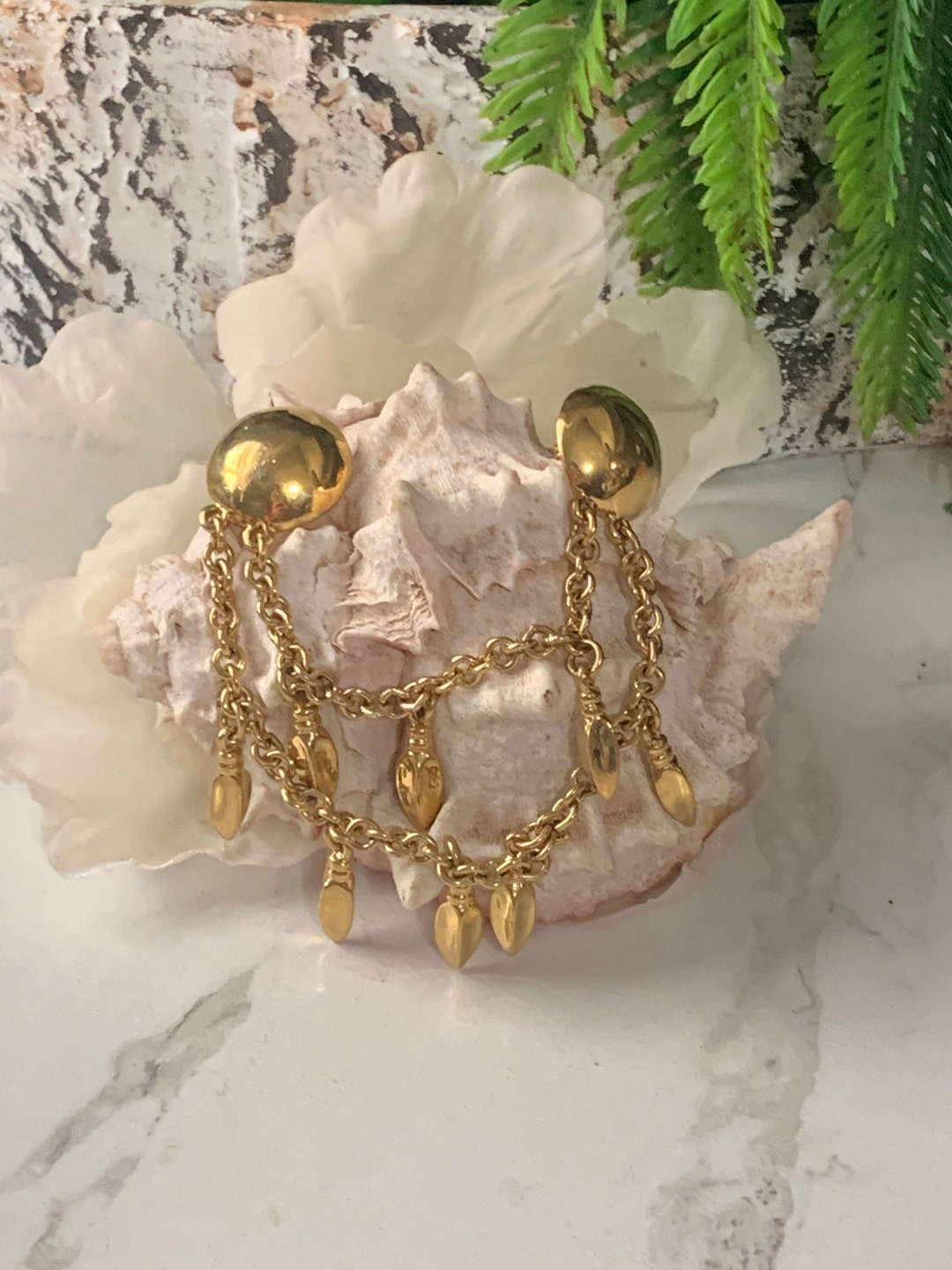 Vintage Sweater Clip Double Link Chain Tassels Pins Brooch Collar Clip ...