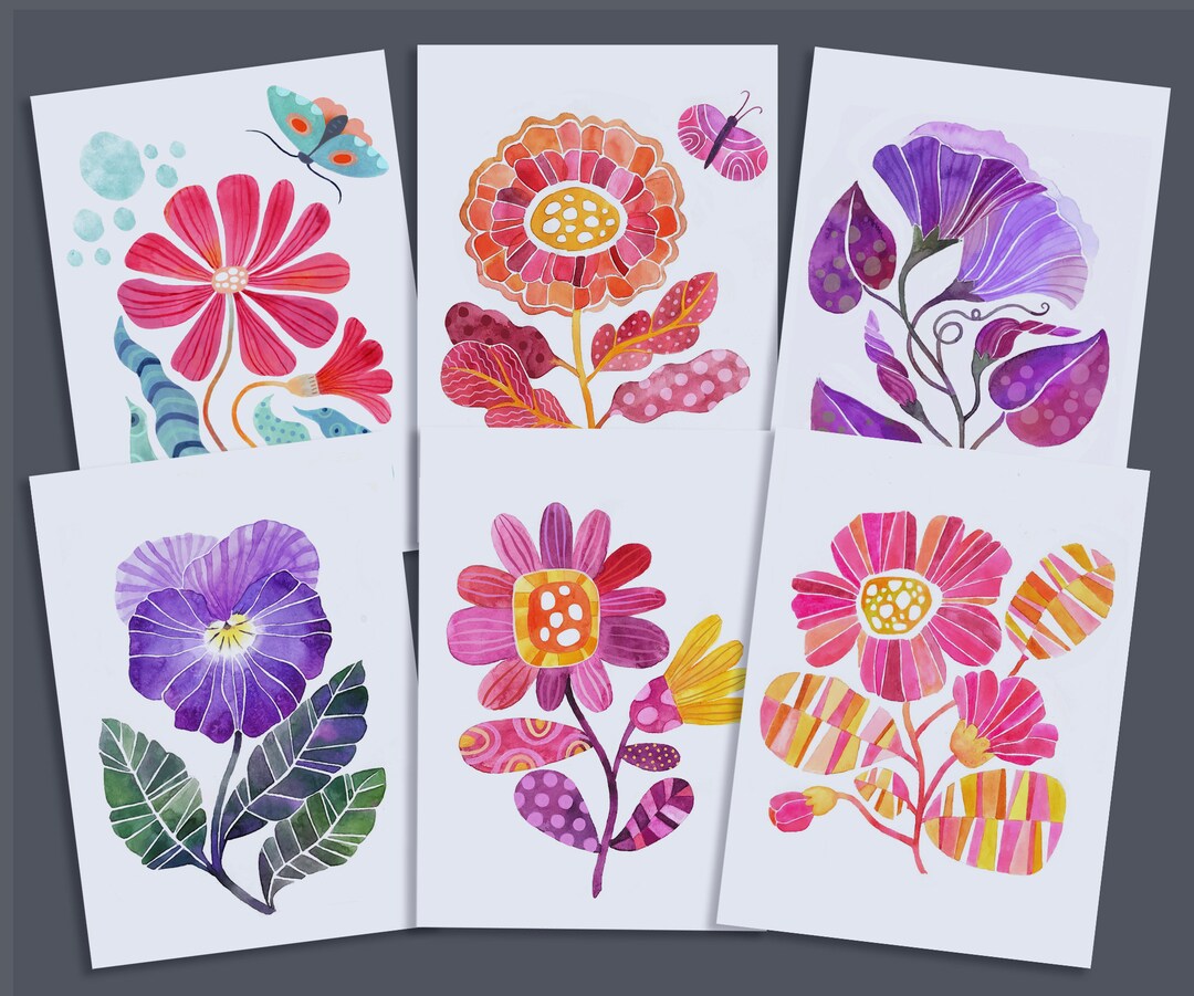 NEW Set of 6 Art Note Cards - Mod Flora III Collection - Etsy