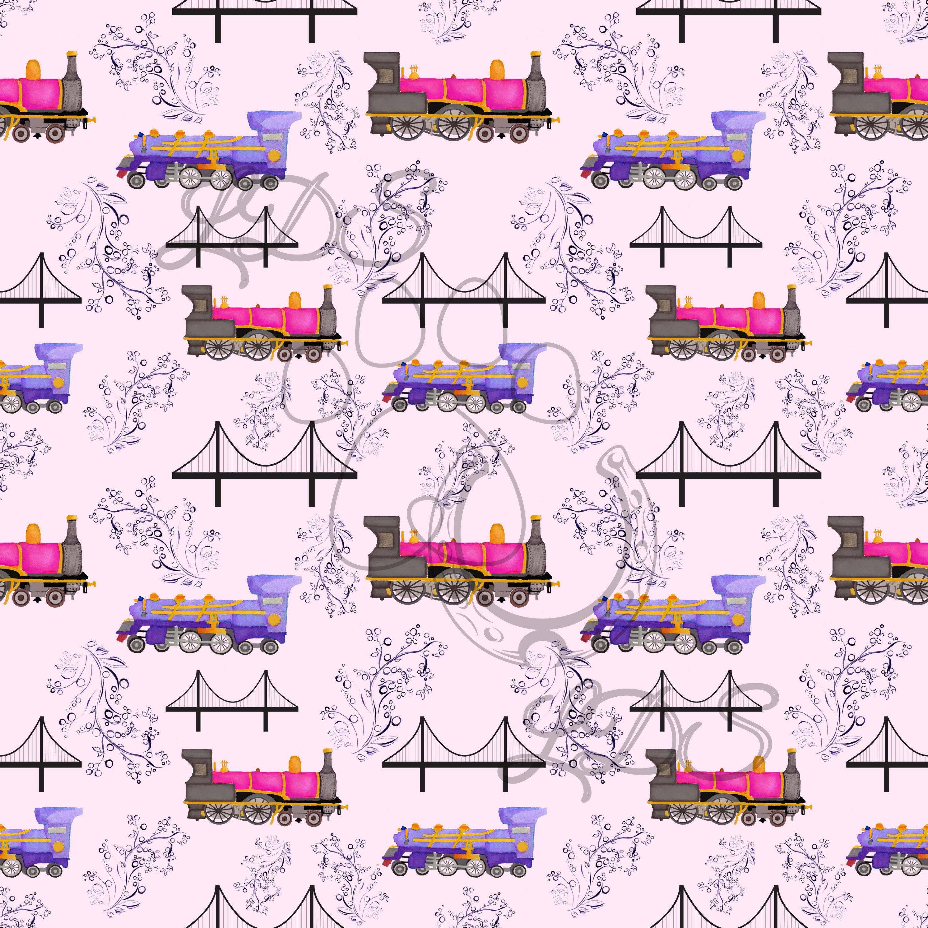 Seamless Pattern, Train Pattern, Pink Trains Seamless, Watercolor Train ...
