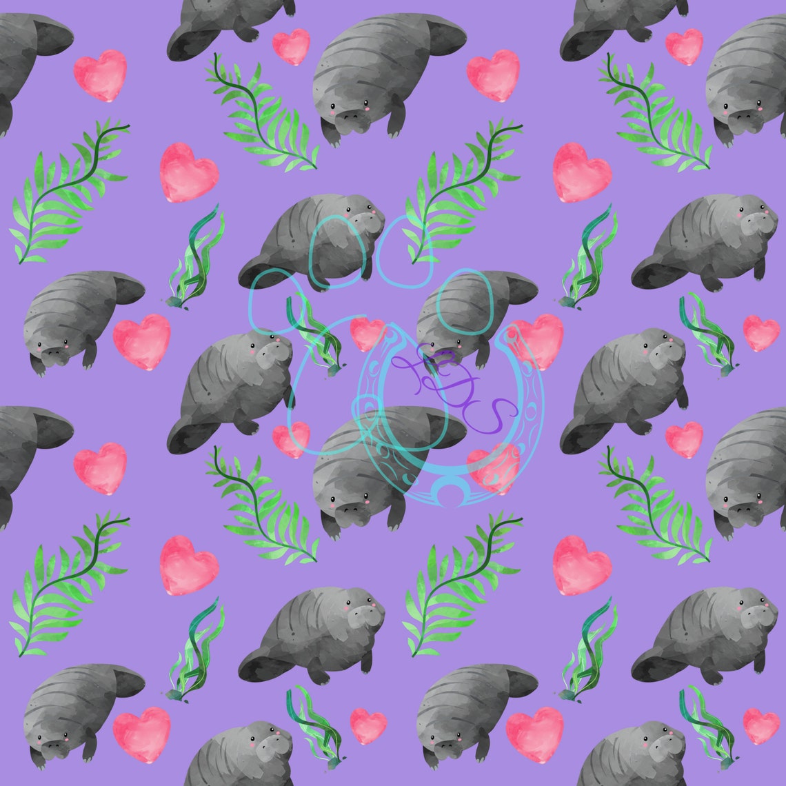 Seamless Pattern Manatees Pattern Manatee Hearts | Etsy