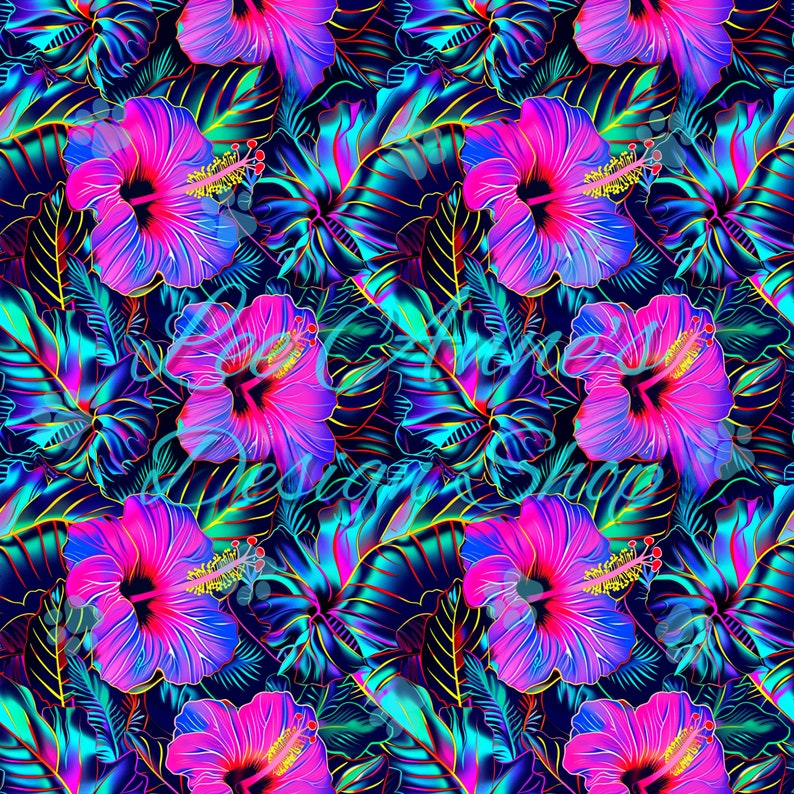 Seamless Pattern, Neon Flower Seamless, Hibiscus Seamless, Tropical ...