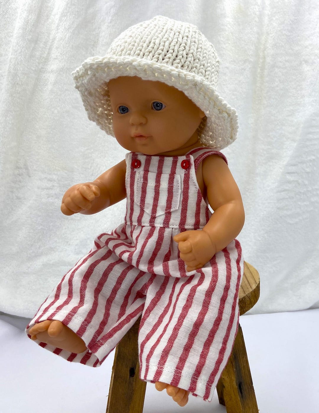 Unisex Red Striped Overalls With Cotton Sun Hat for Baby Dolls 12 in ...