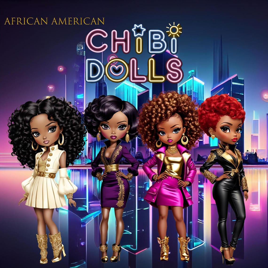 Black Girl Chibi Clipart Bundle | Afro Hairstyles PNG Set | Cute Kawaii ...