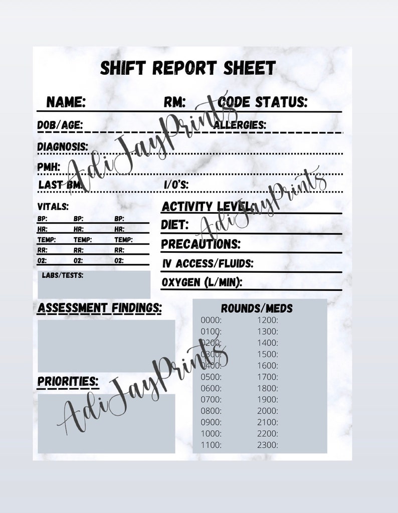 Nursing Shift Report-shift Report Sheet-healthcare Report Sheet - Etsy