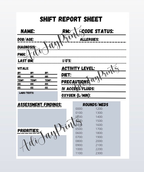 Nursing Shift Report-report Sheet-healthcare Report | Etsy