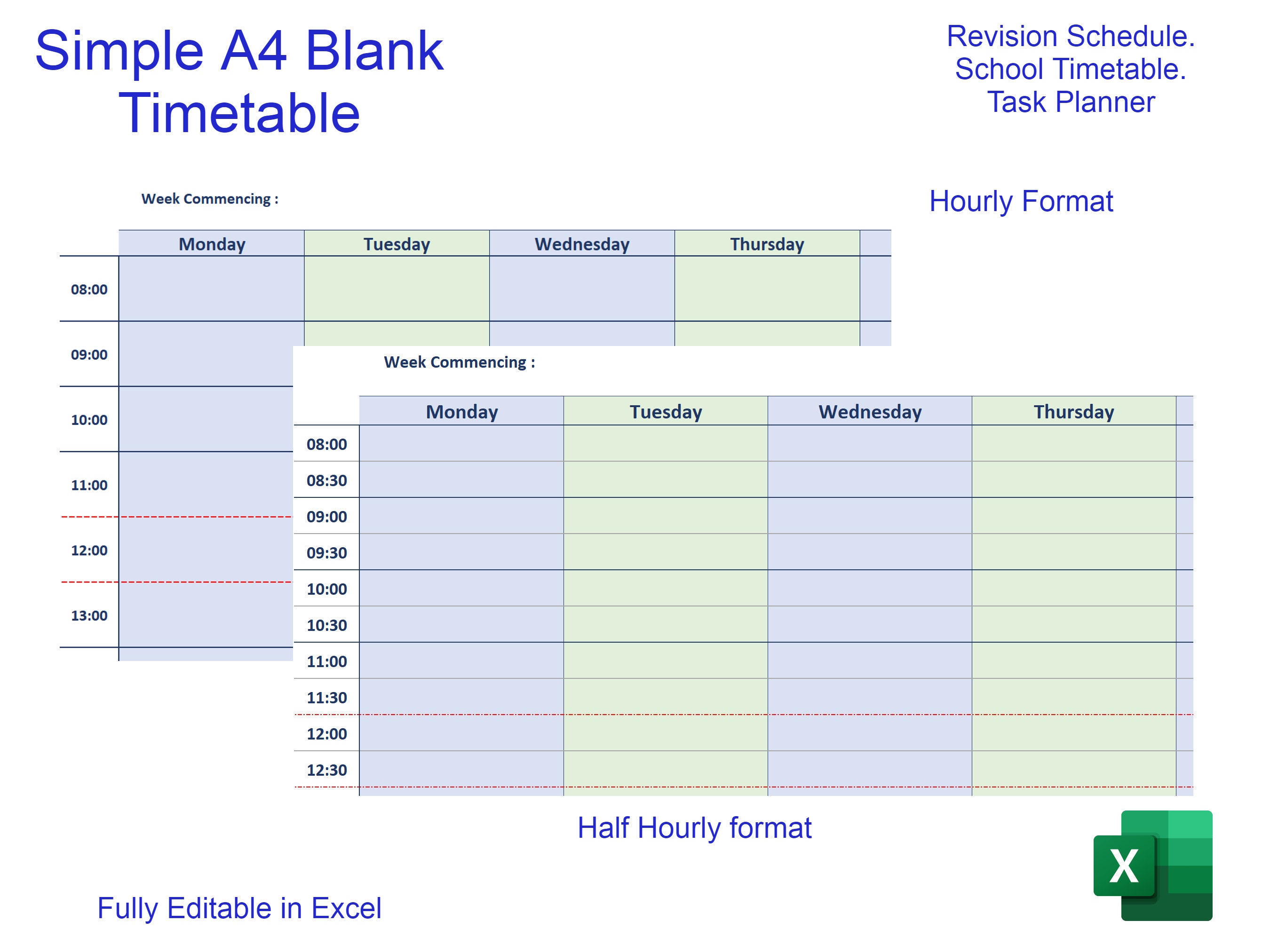 Printable Timetable. Hourly and Half Hourly Formats. Colour /black ...