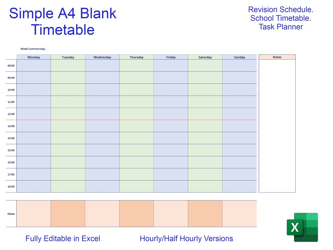 Printable Timetable. Hourly and Half Hourly Formats. Colour /black ...