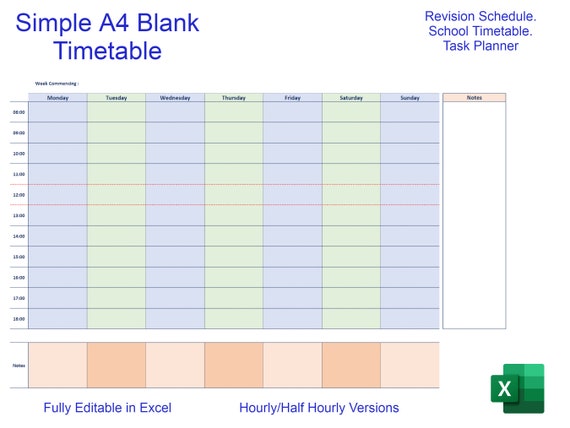 Printable Timetable. Hourly and Half Hourly Formats. Colour - Etsy
