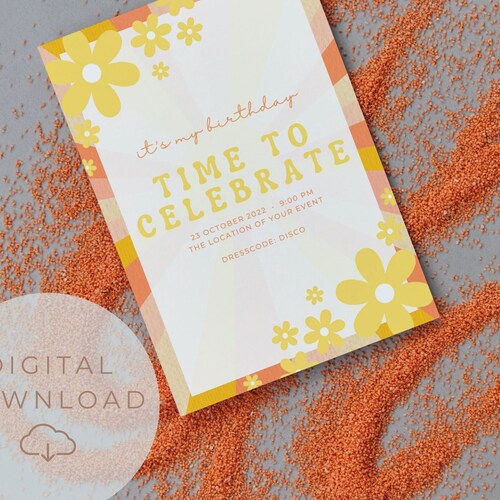 Retro Daisy Birthday Invitation Template Disco Bday Party - Etsy