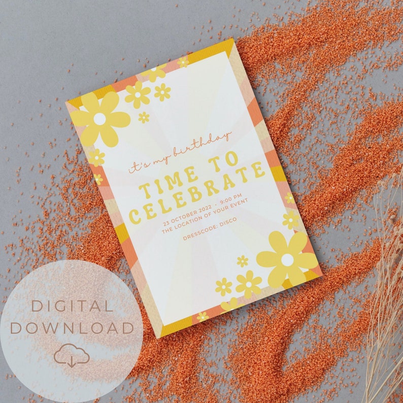 Retro Daisy Birthday Invitation Template, Disco Bday Party Invitation ...