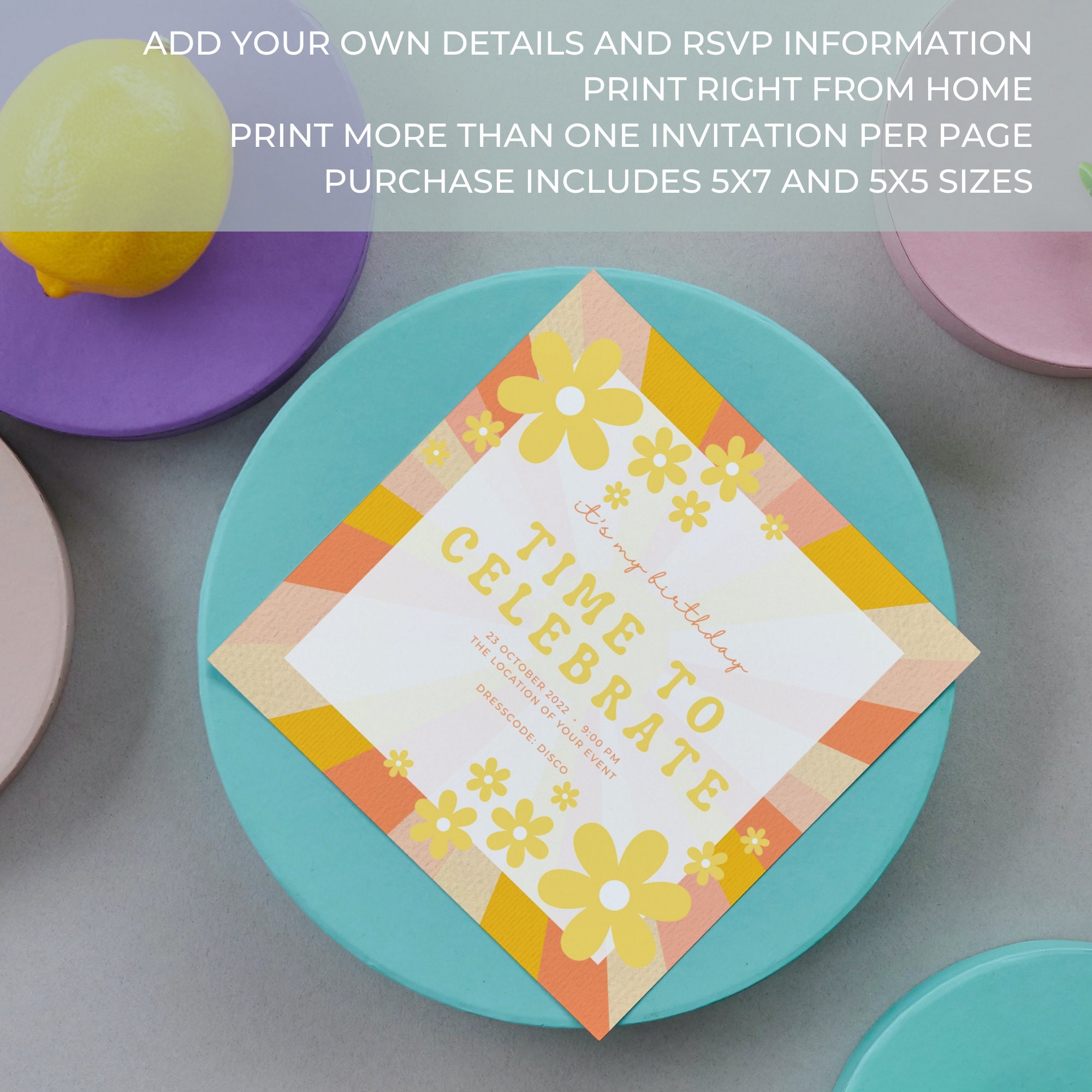 Retro Daisy Birthday Invitation Template, Disco Bday Party Invitation ...