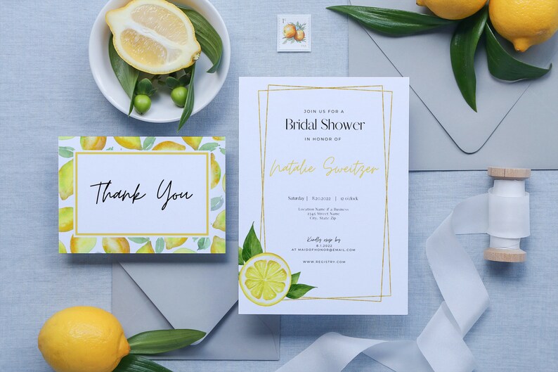 Lemon Themed Invitation and Thank You Card Bundle, Bridal Shower Lemon ...