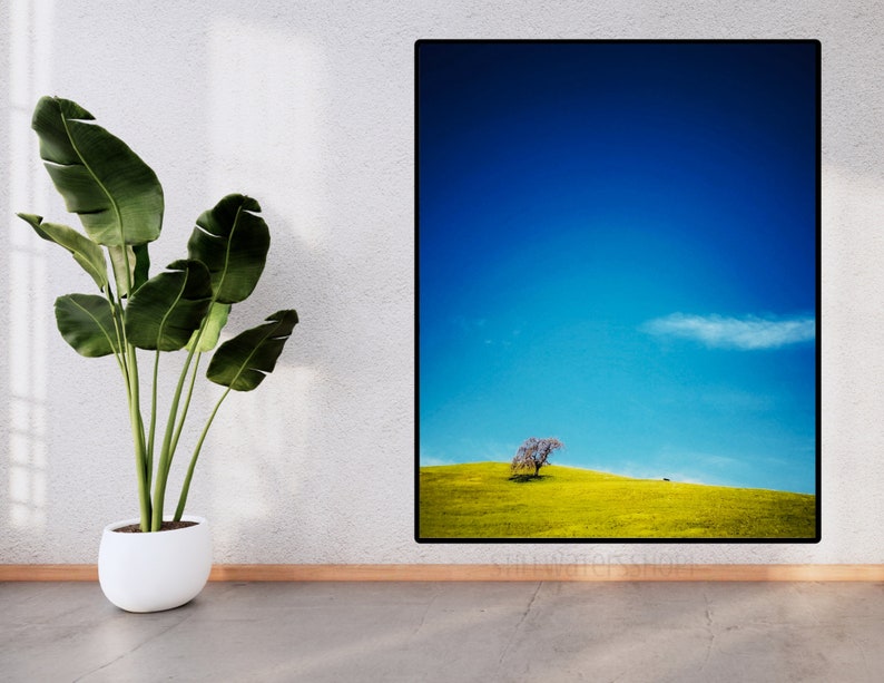 Printable Landscape Artwork, Lone Tree Print, Field of Green, Blue Sky ...