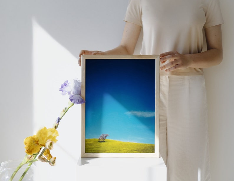 Printable Landscape Artwork, Lone Tree Print, Field of Green, Blue Sky ...