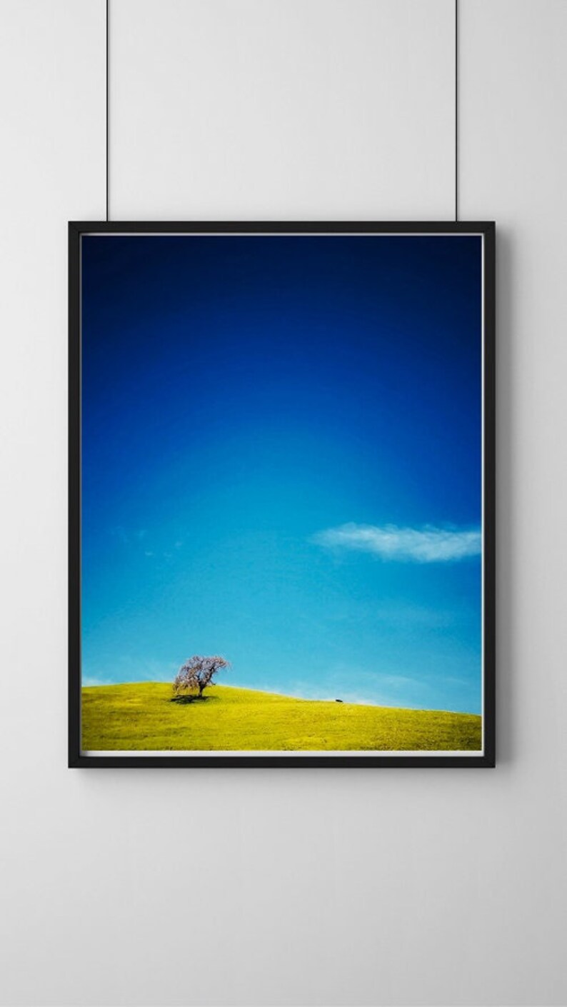 Printable Landscape Artwork, Lone Tree Print, Field of Green, Blue Sky ...