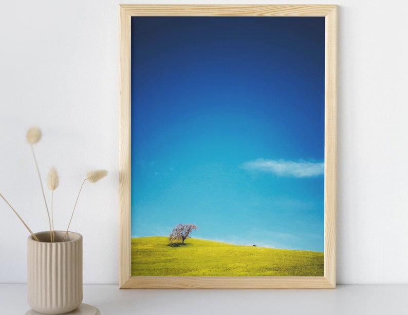 Printable Landscape Artwork, Lone Tree Print, Field of Green, Blue Sky ...