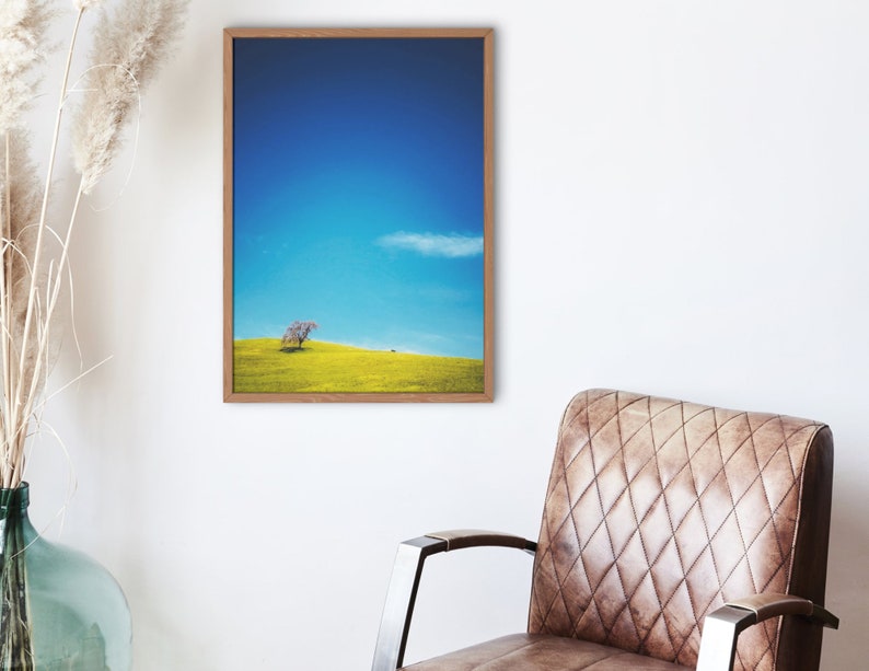 Printable Landscape Artwork, Lone Tree Print, Field of Green, Blue Sky ...