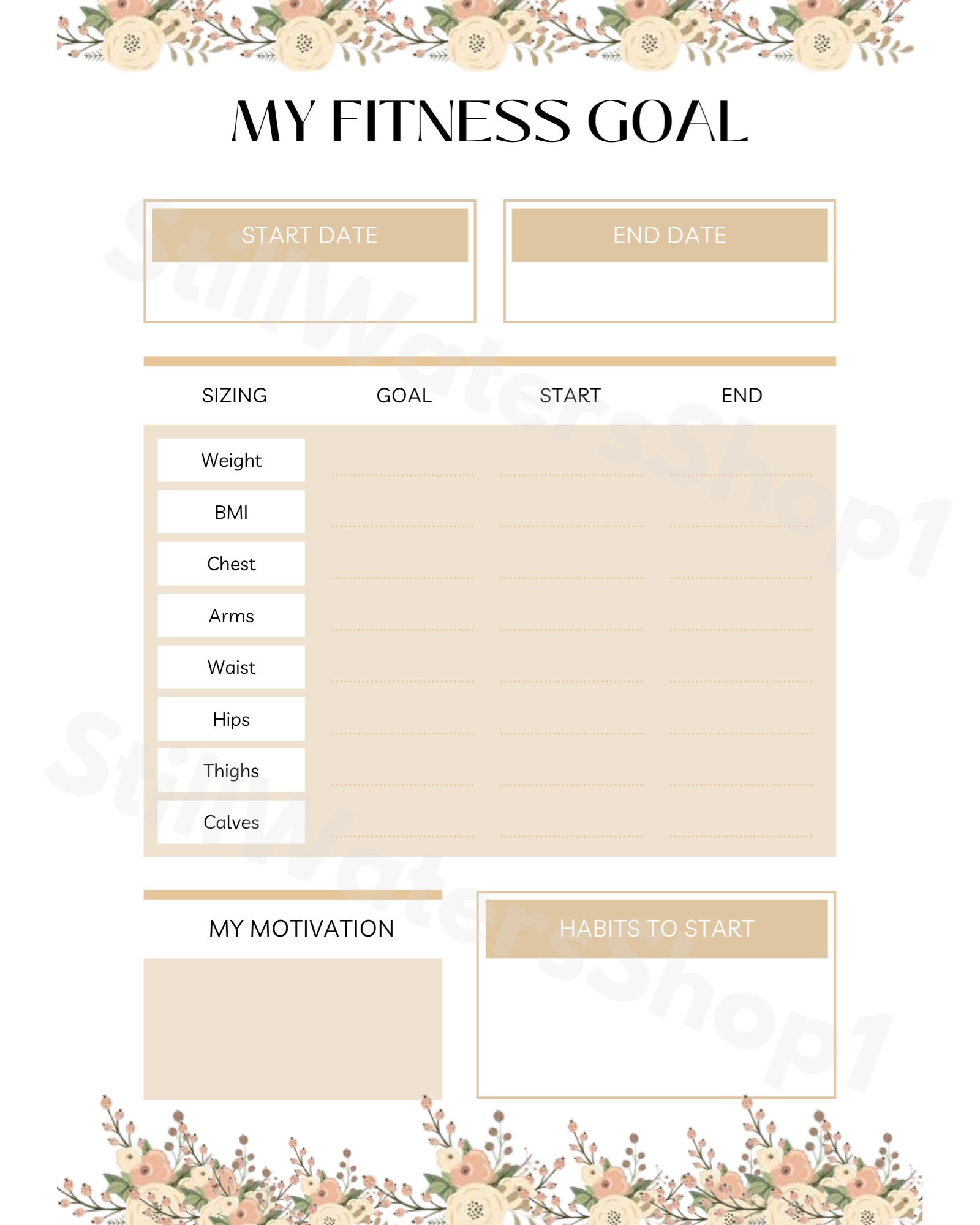 My Fitness Goal Printable, Weight Loss Motivation Print, Start Habits ...