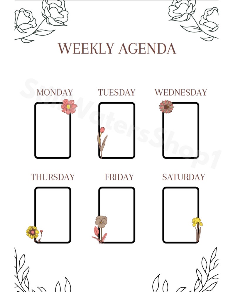 Printable Floral Weekly Schedule, Flower Weekly Agenda Print, Floral ...
