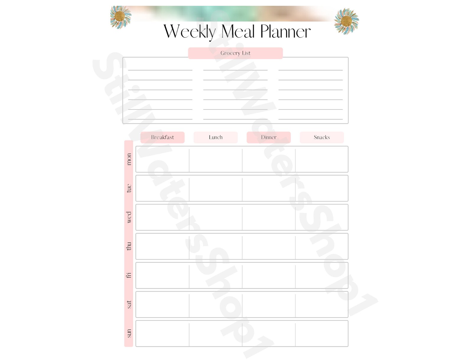 Pink Printable WEEKLY MEAL Planner, Digital Download Template for Meal ...