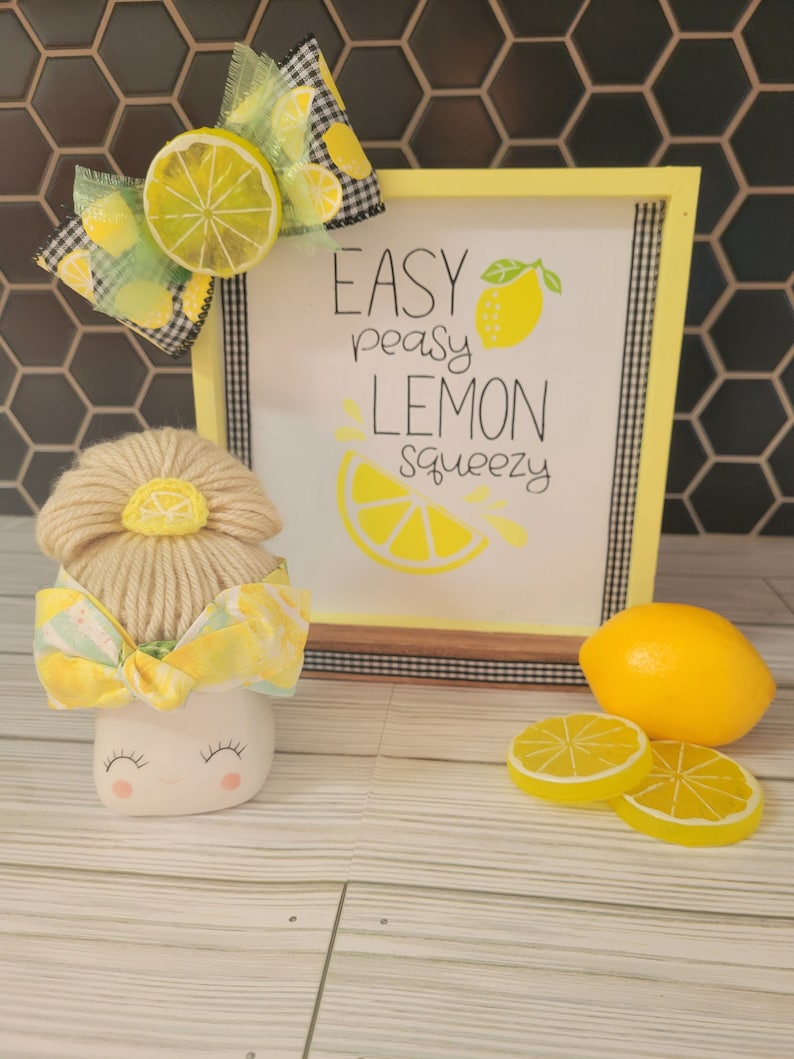Rustic Country Lemon Tiered Tray Decor, Yellow Rolling Pin, Wood Bead ...