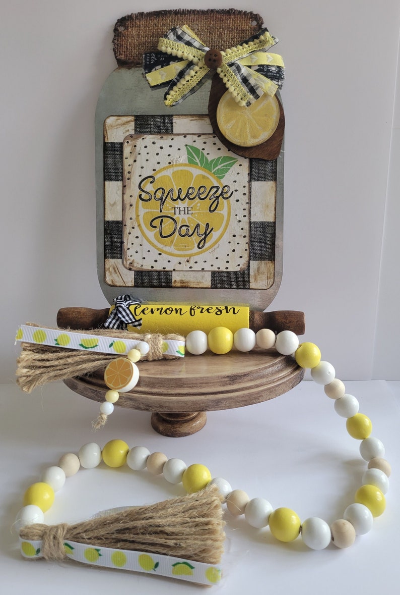 Rustic Country Lemon Tiered Tray Decor, Yellow Rolling Pin, Wood Bead ...