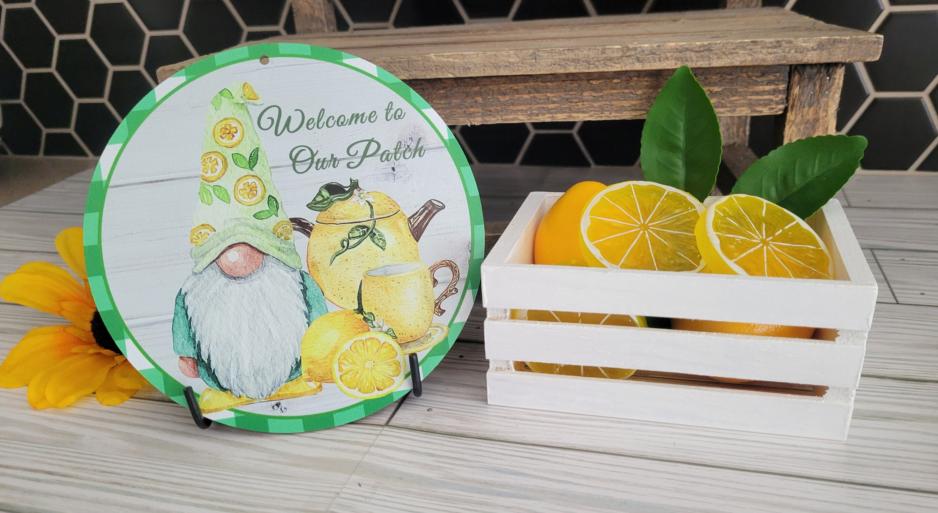 Rustic Country Lemon Tiered Tray Decor, Yellow Rolling Pin, Wood Bead ...