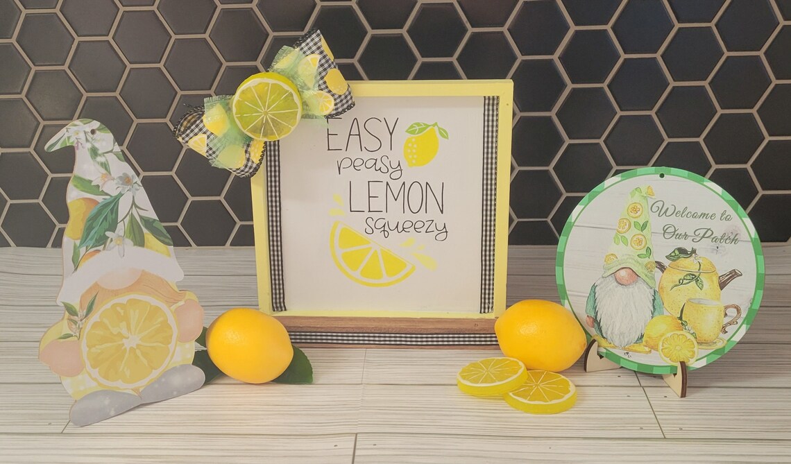 Rustic Country Lemon Tiered Tray Decor, Yellow Rolling Pin, Wood Bead ...