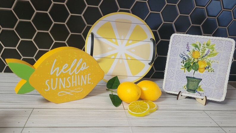 Rustic Country Lemon Tiered Tray Decor, Yellow Rolling Pin, Wood Bead ...