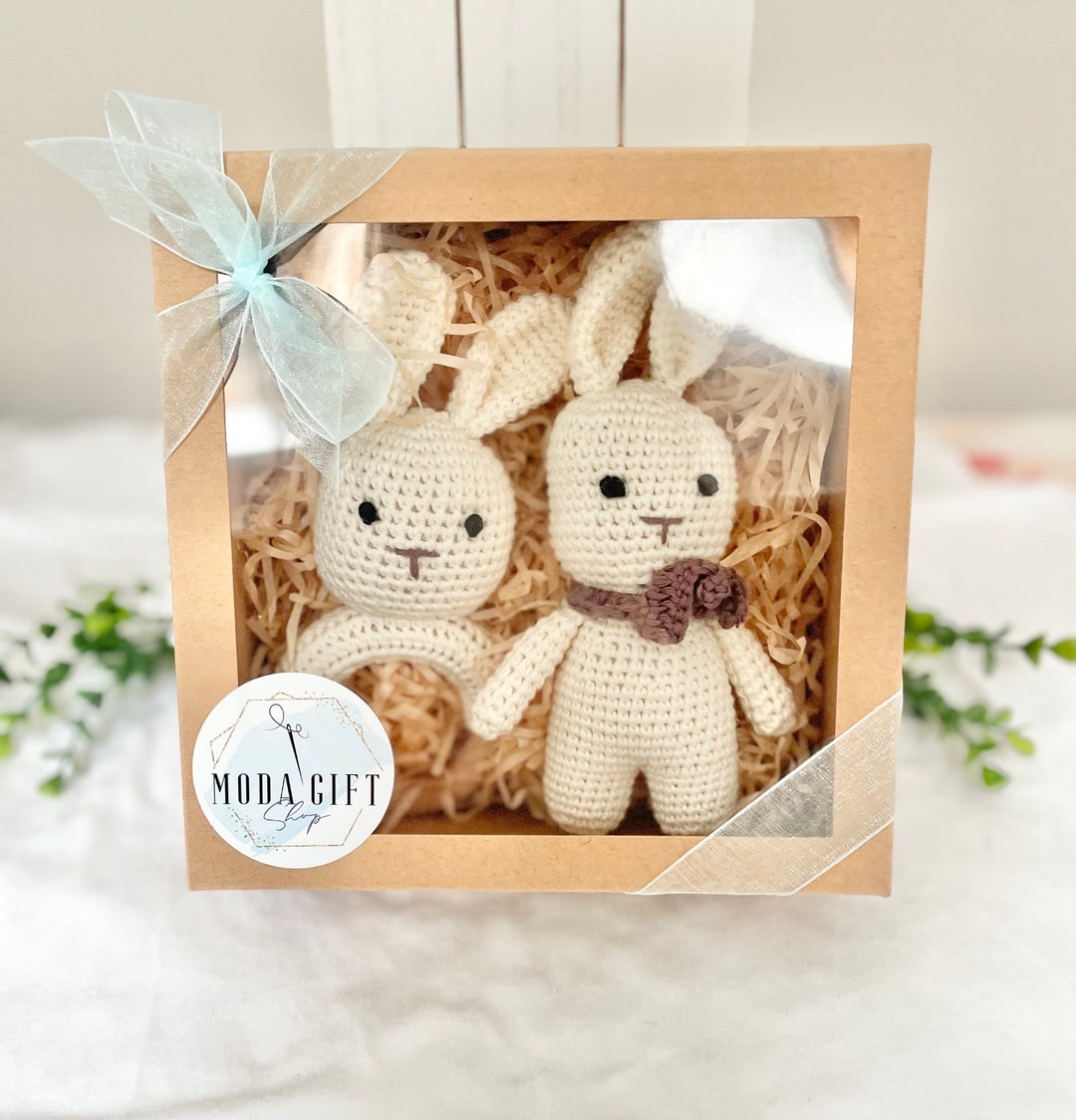 Baby Easter Bunny Neutral Gift Set Crochet Rattle & Stuffed Bunny Toy ...