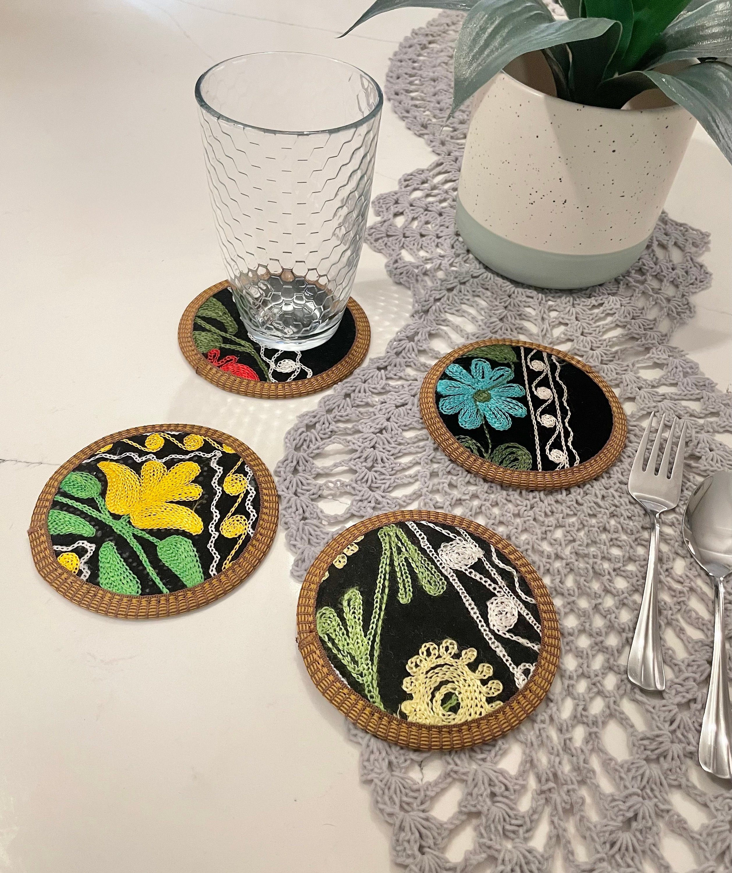 Embroidered Fabric Coaster Set Fabric & Vinyl Backing - 6 Pieces ...