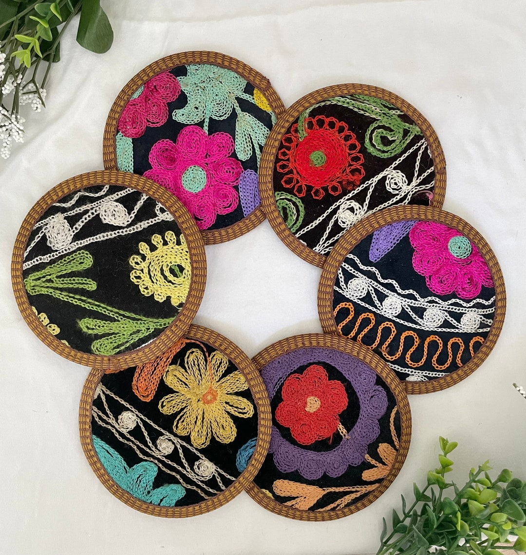Embroidered Fabric Coaster Set Fabric & Vinyl Backing - 6 Pieces ...
