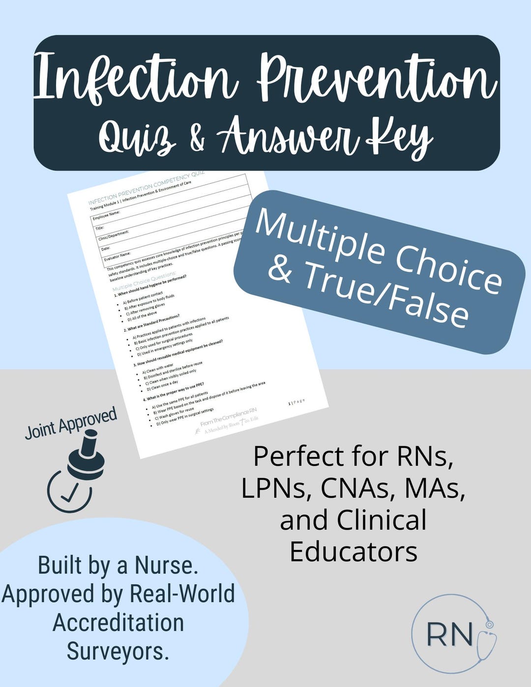 Infection Prevention Quiz: Nurse Competency Check-off (editable Word ...